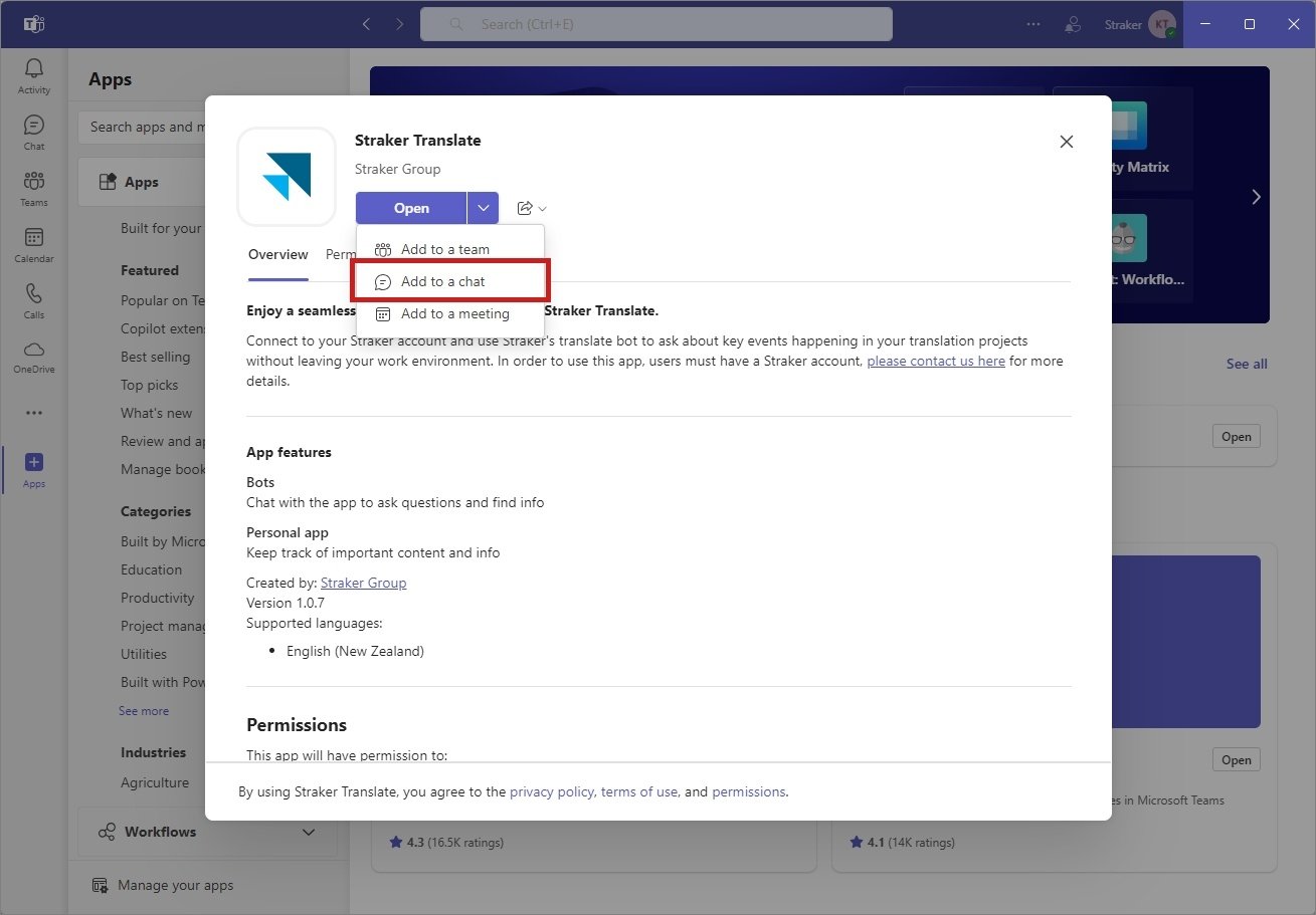 Direct Machine Translation (MT) in MS Teams